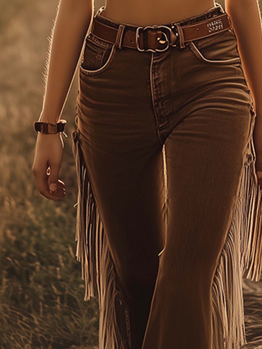 Vintage Brown Fringe Flared Jeans | western wear | Oyrosy – OYROSY