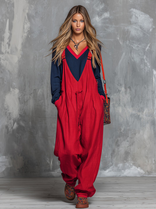 Color-blocked Cotton Linen Top & Overalls Set | western wear | Oyrosy ...