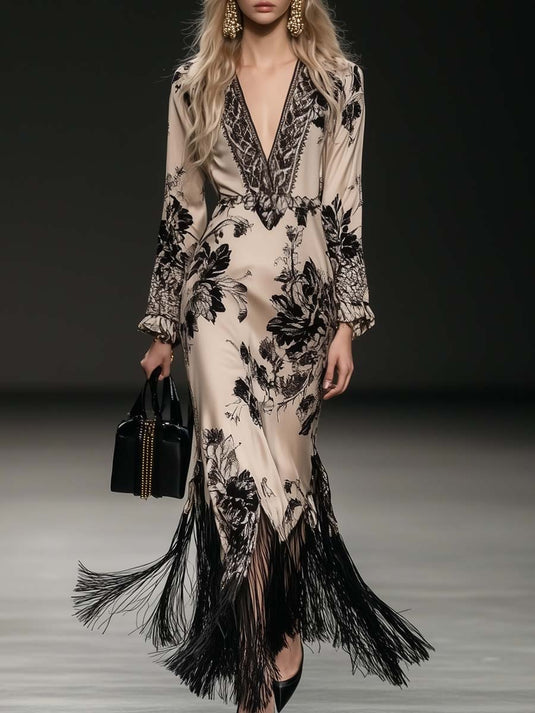 Elegant Bohemian Style V-neck Tassel Floral Print Beige Satin Maxi Dre ...
