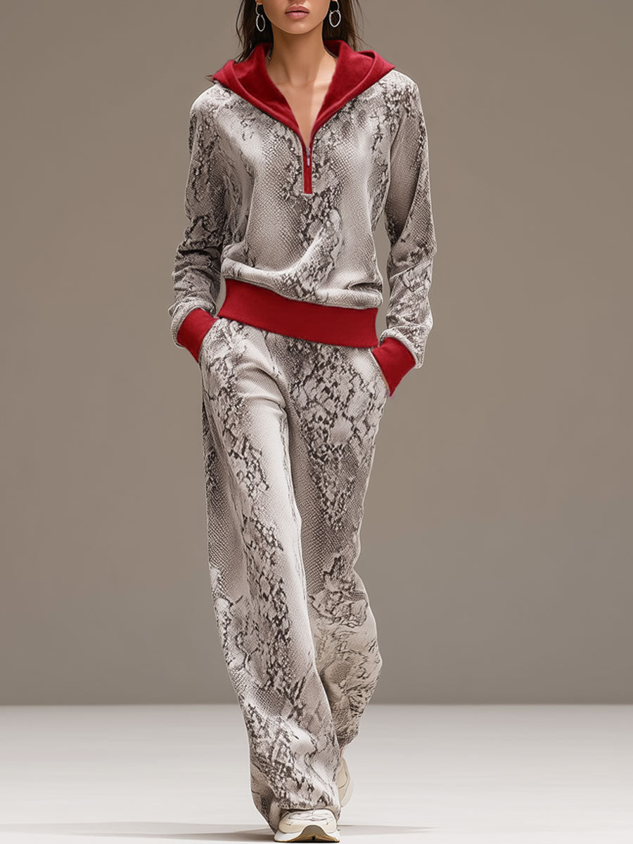 Casual Sporty Retro Snakeskin Gray Velvet Hooded Sweatshirt Wide-Leg S ...