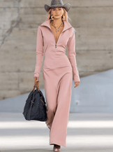 Elegant Retro Sporty V Neck Front Zipper Long Sleeved Pink Maxi Dress