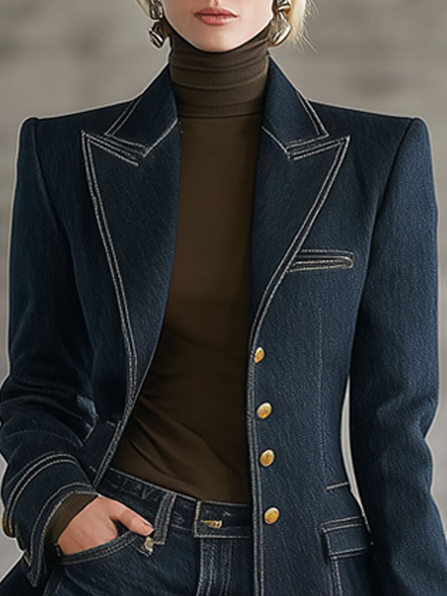 Fashion Retro Topstitched Navy Denim Jacket | western wear | Oyrosy ...