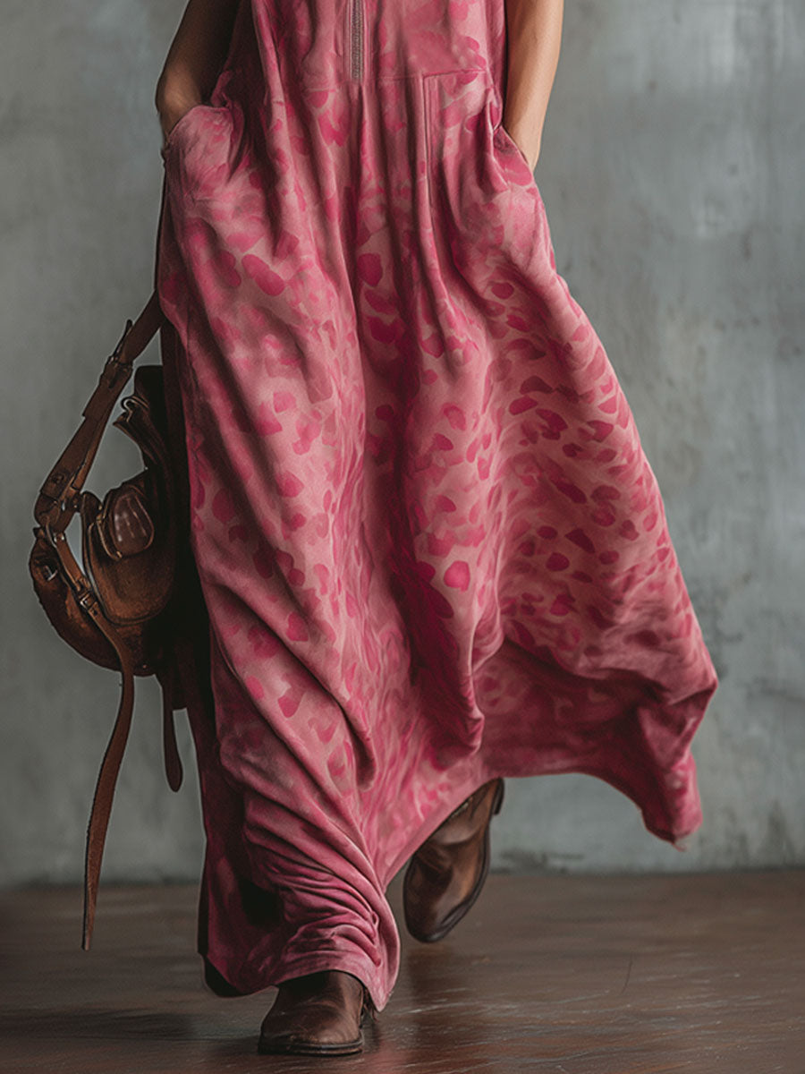 Vintage Print Stand-collar Zip-up Double-pocket Faux Suede Sleeveless ...