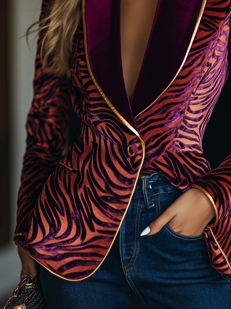 Casual Loose Vintage Velvet Zebra Pattern Gold Wire Striped Lapel Pock ...