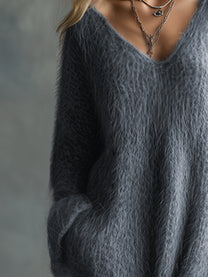 Comfortable Lazy V-neck Gray Imitation Rabbit Fur Knitted Long-sleeved ...